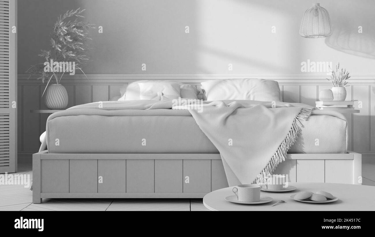 Total white project draft, wooden minimalist bedroom. Mater bed with ...