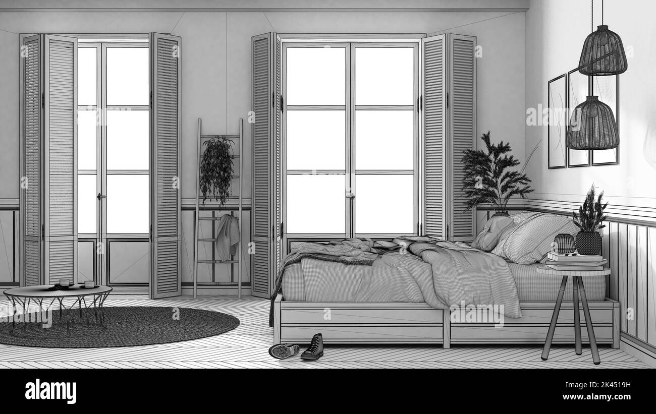 Blueprint unfinished project draft, wooden modern farmhouse bedroom ...