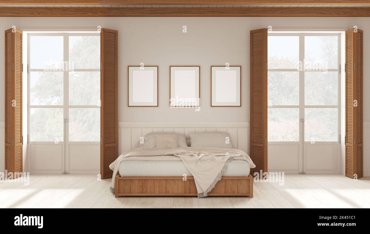 Romantic bedroom background, double bed with blankets in white tones ...