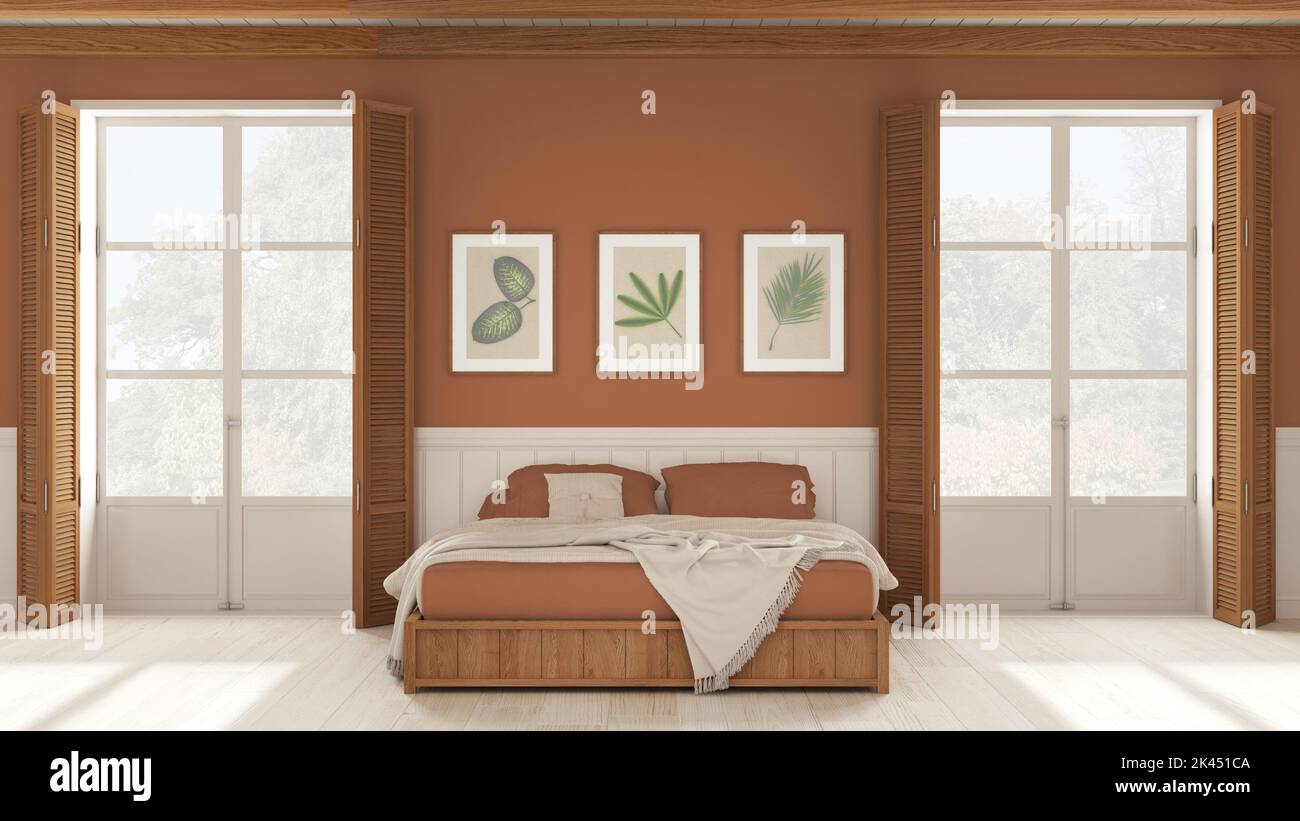 Romantic bedroom background, double bed with blankets in white and ...