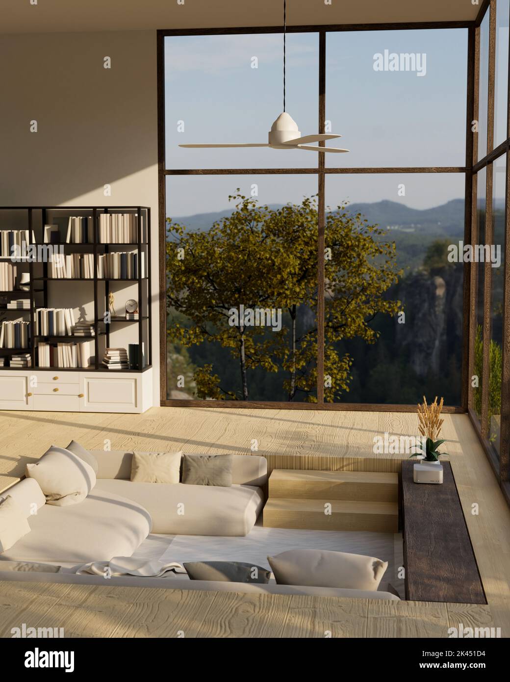 Modern contemporary sunken living room interior design with comfortable ...