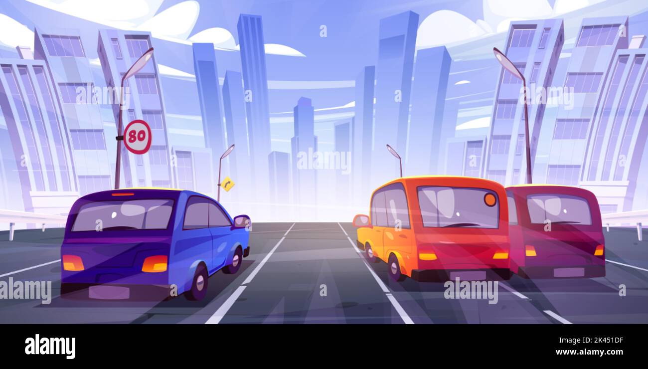 Cars driving at highway rear view on cityscape background with ...