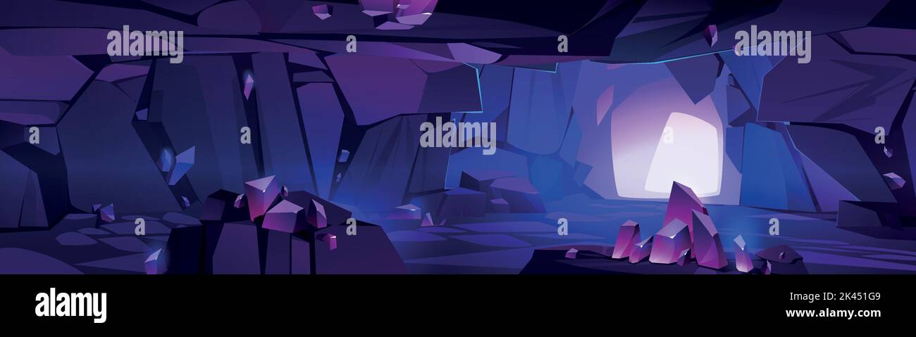 Amethyst mine tunnel inside view. Glowing mysterious cave, mining ...