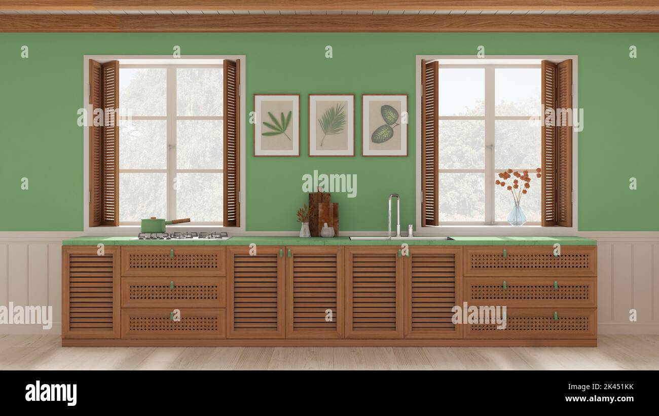 Provencal kitchen background with wooden and rattan cabinets in white ...