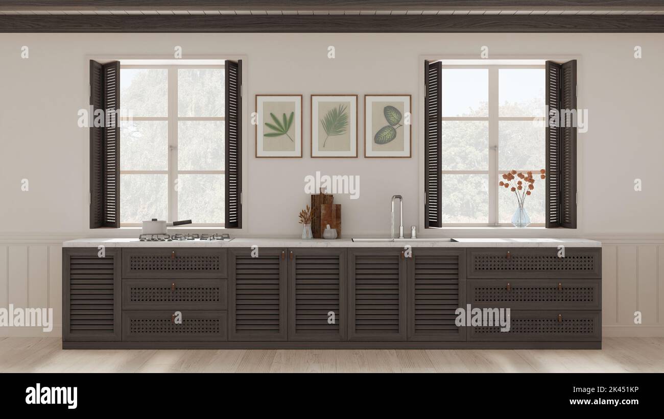 Provencal kitchen background with wooden and rattan cabinets in white ...