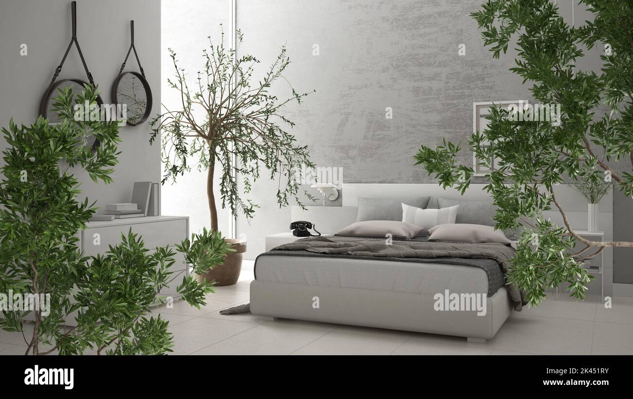 Green summer or spring leaves, tree branch over interior design scene ...