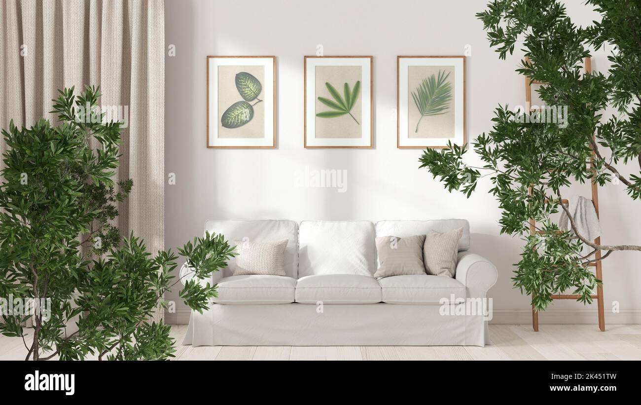 Green summer or spring leaves, tree branch over interior design scene ...