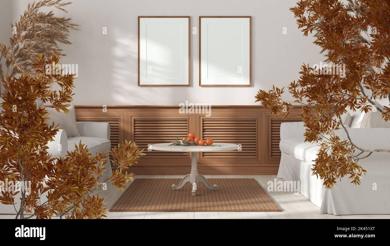 Orange yellow and red fall leaves, tree branch over interior design ...