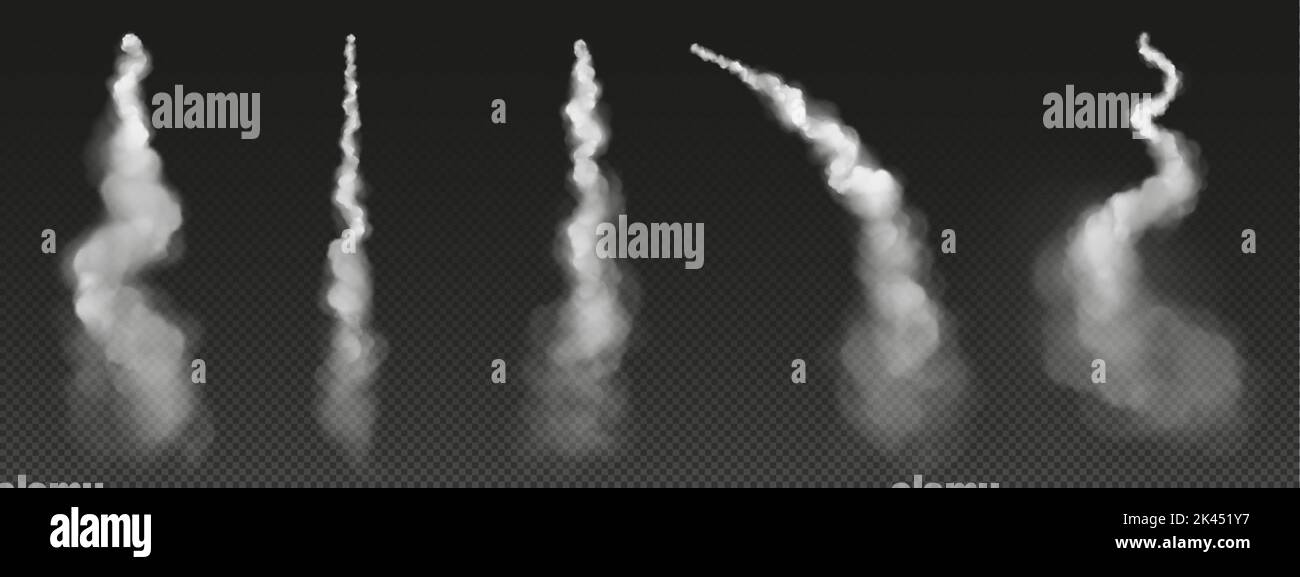 Rocket trail, airplane smoke, plane or air jet clouds, white contrail lines. Vapor effect in sky ...