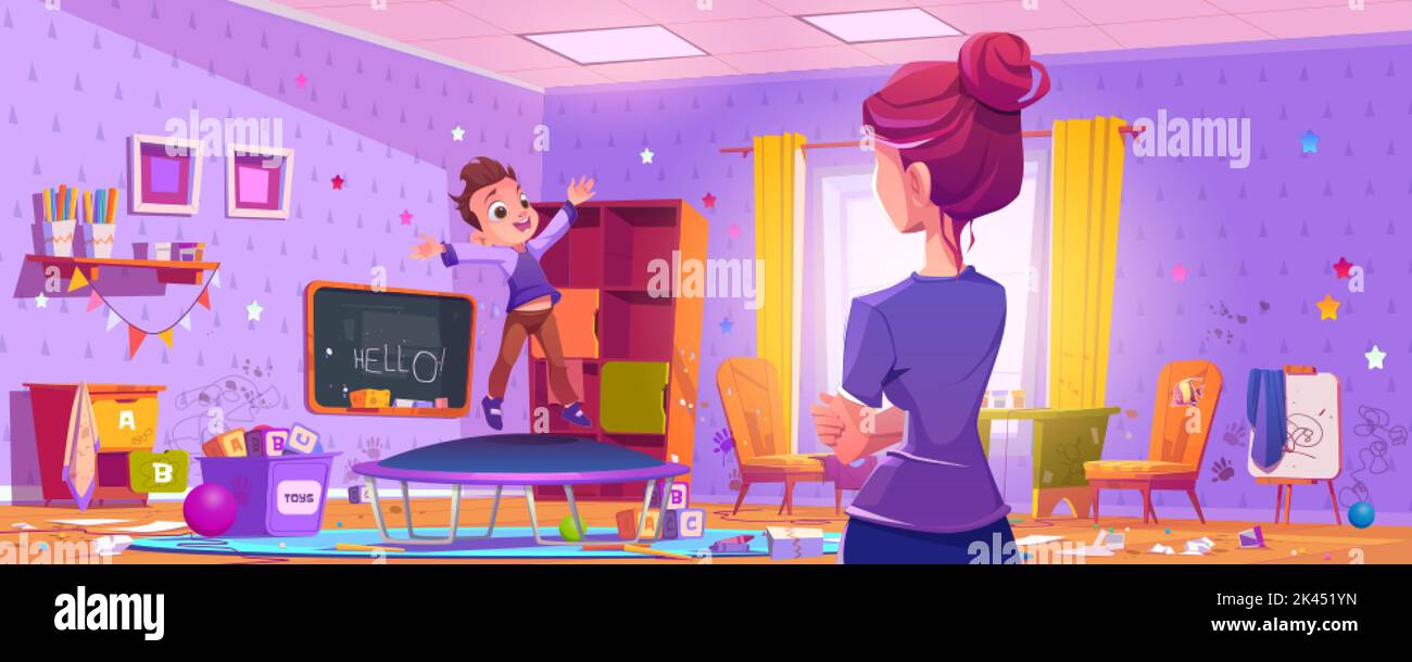 Woman looks at messy kids room with boy jumping on trampoline. Dirty ...