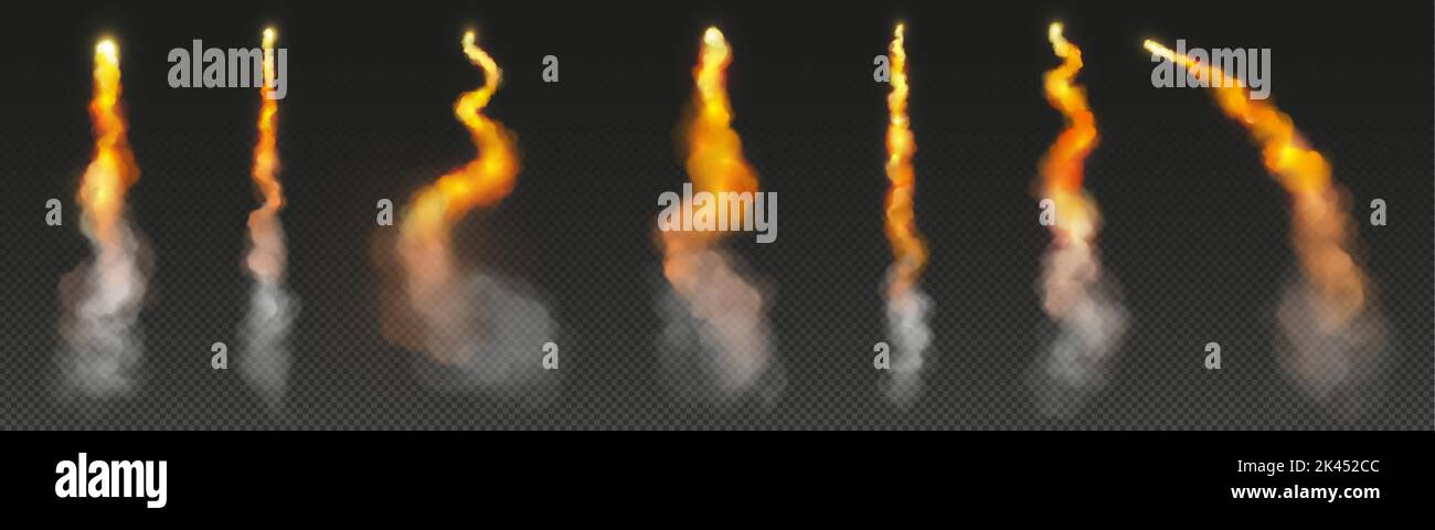 Rocket fire smoke trails, spacecraft startup launch or signal clouds ...