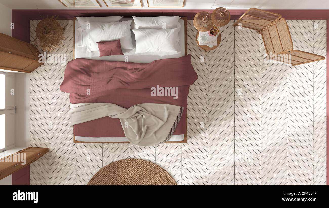 Wooden country bedroom in white and red tones. Mater bed with blankets ...