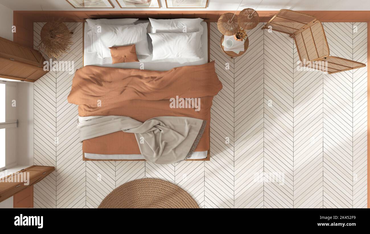 Wooden country bedroom in white and orange tones. Mater bed with ...