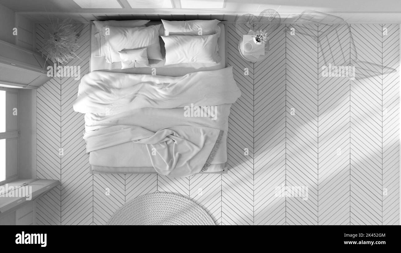 Total white project draft, wooden country bedroom. Mater bed with ...