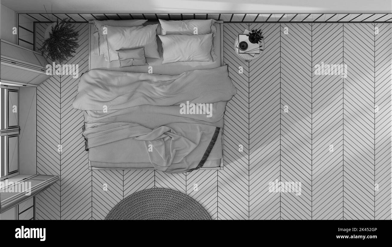 Blueprint unfinished project draft, wooden country bedroom. Mater bed ...