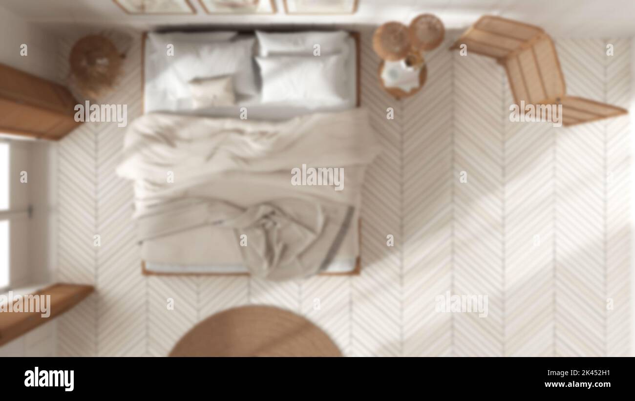 Blurred background, wooden country bedroom. Mater bed with blankets ...