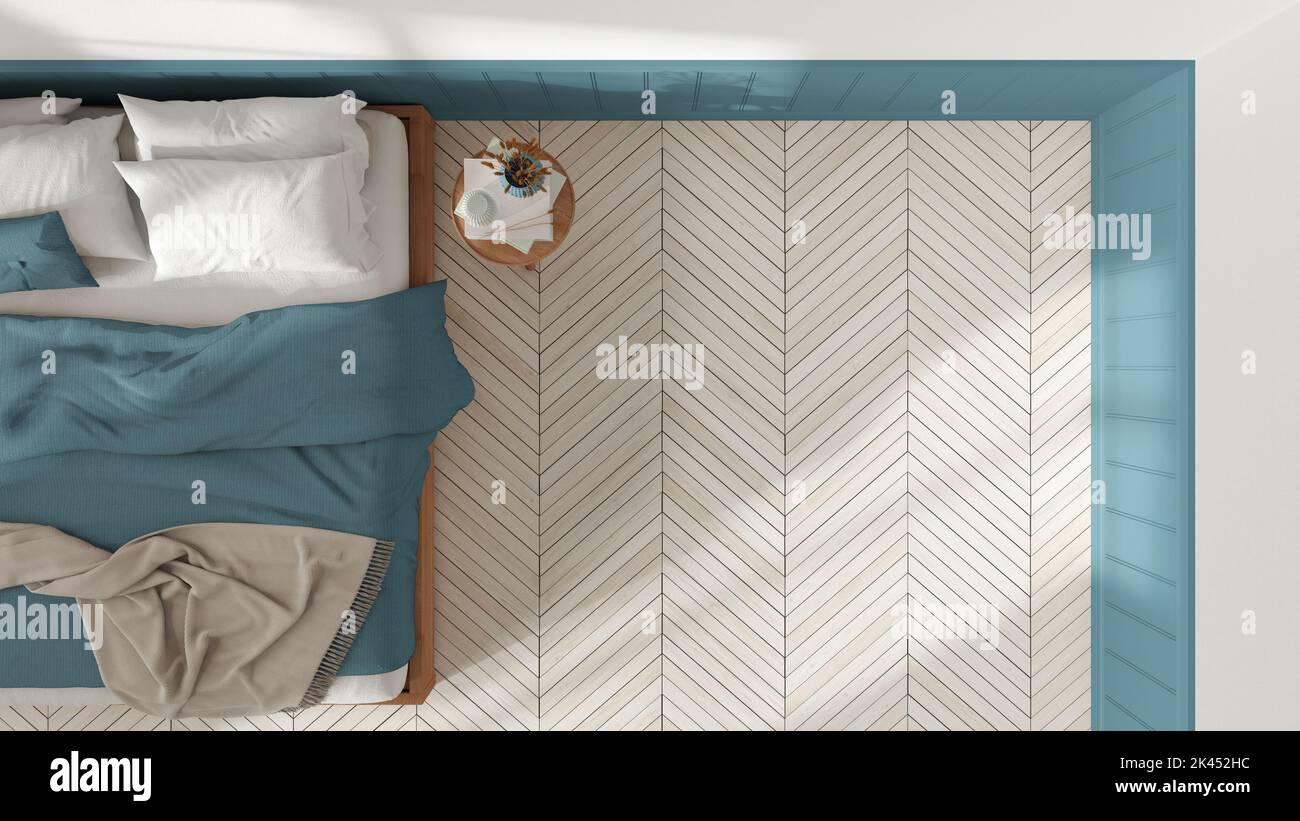 Wooden romantic bedroom in white and blue tones. Mater bed with ...
