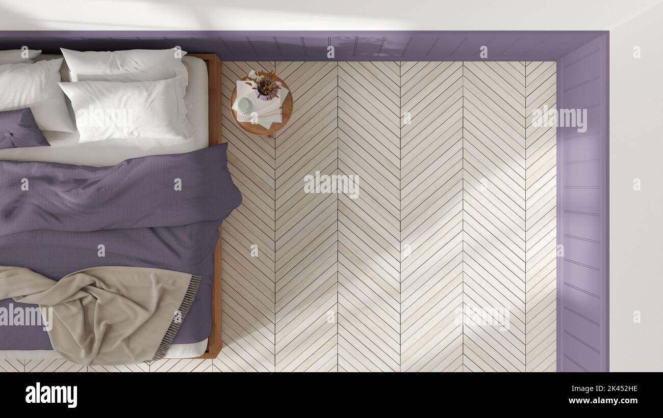 Wooden romantic bedroom in white and purple tones. Mater bed with ...
