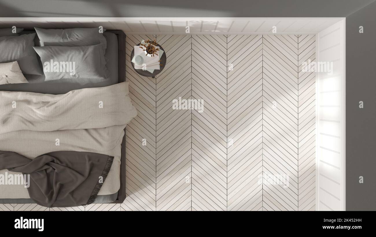 Wooden romantic bedroom in white and dark tones. Mater bed with ...