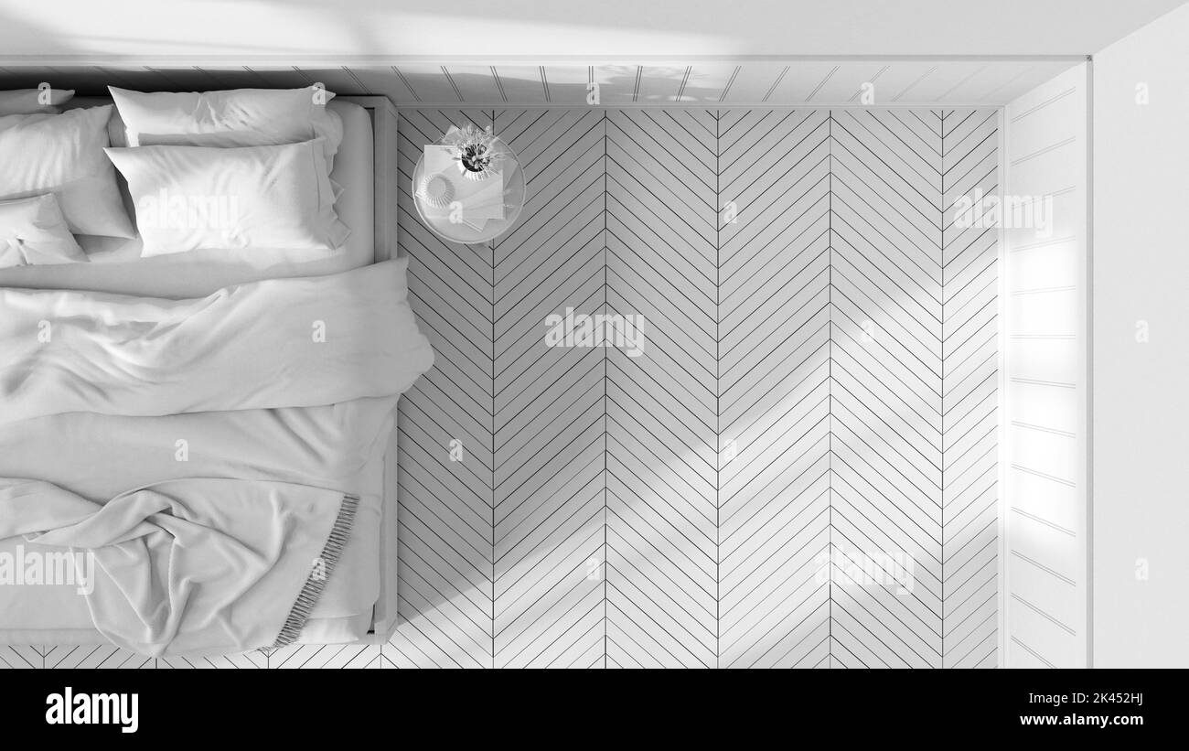 Total white project draft, wooden romantic bedroom. Mater bed with ...