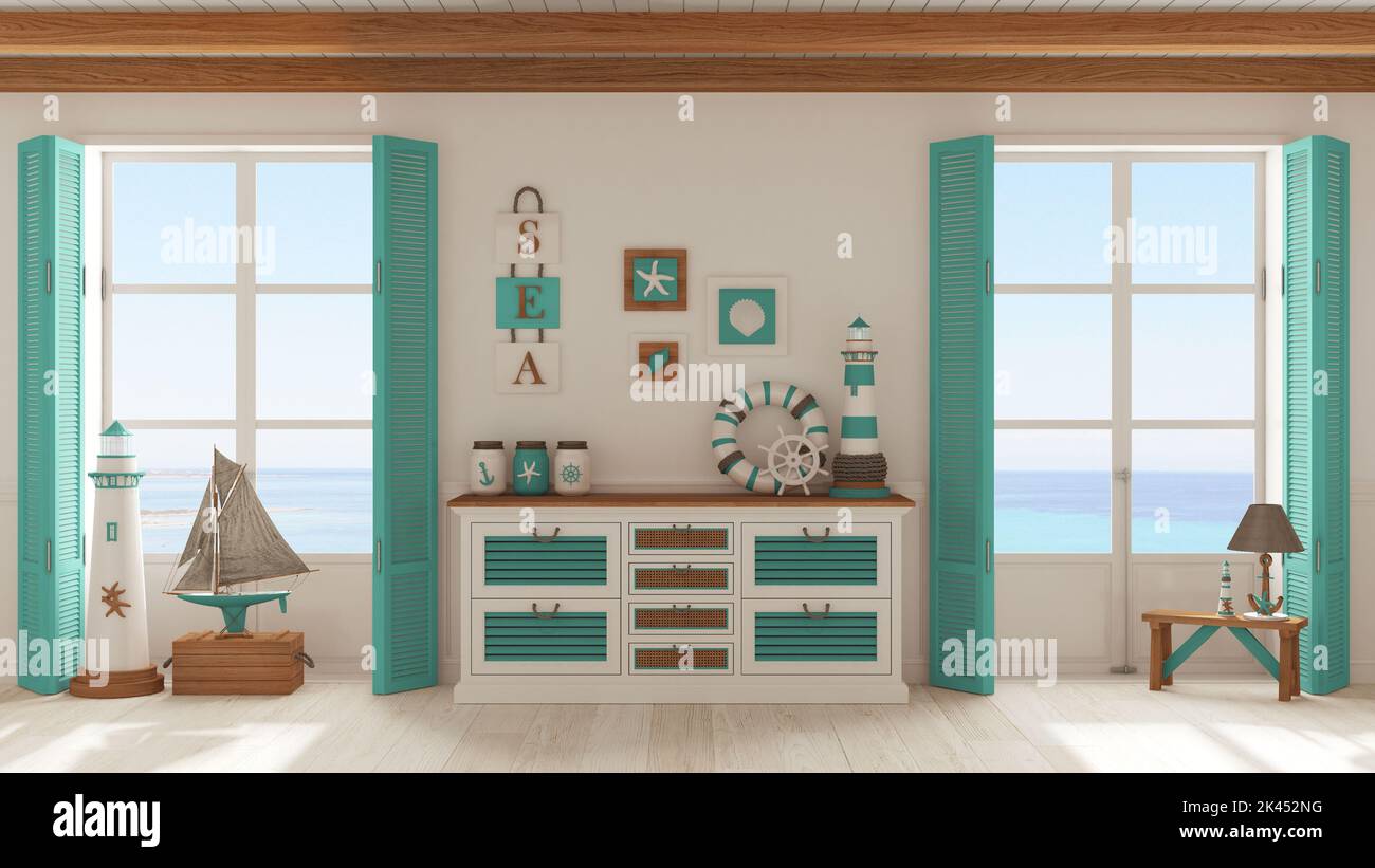 Marine style, living room with wooden and rattan chest of drawers in ...