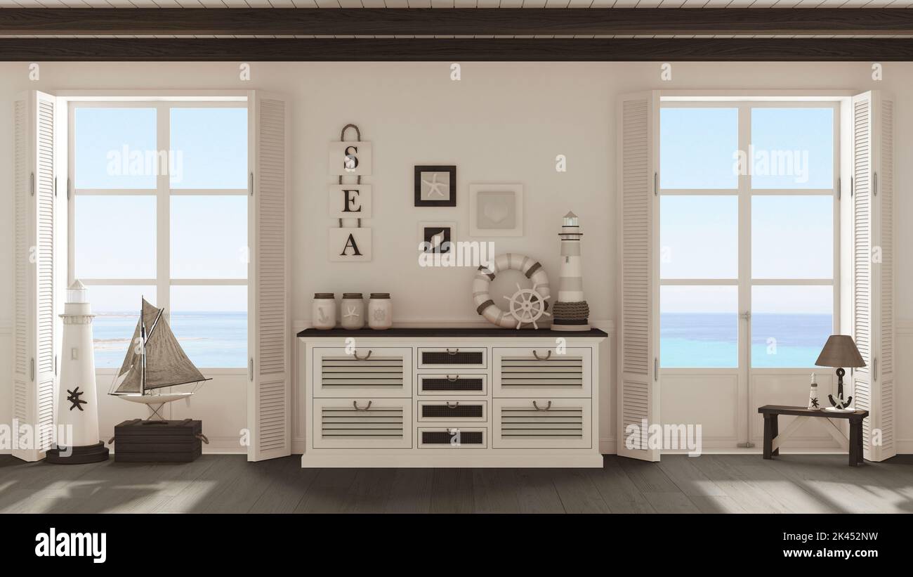 Marine style, living room with wooden and rattan chest of drawers in ...