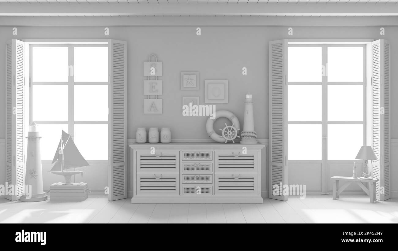 Total white project draft, marine style, living room with wooden and ...