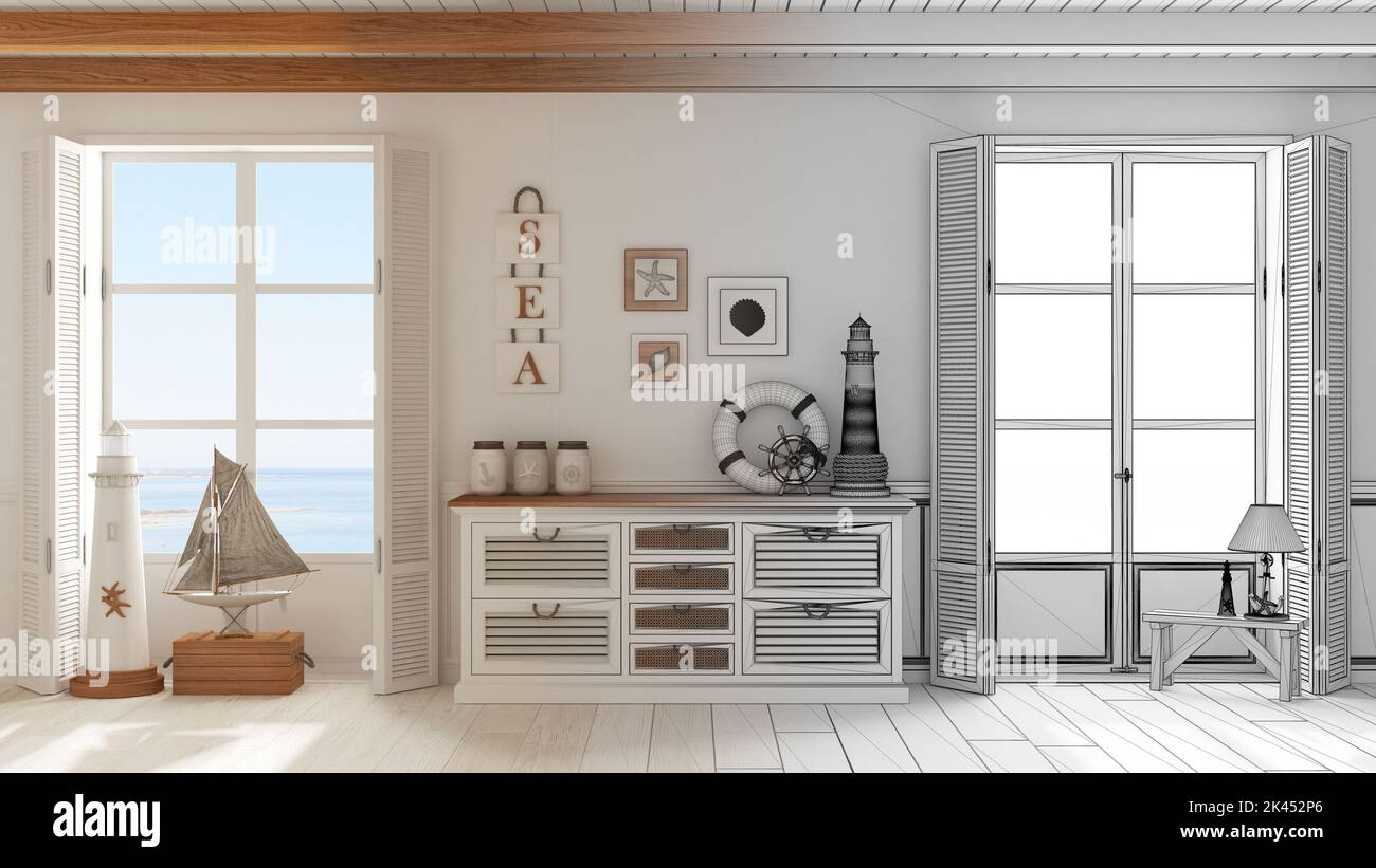 Architect interior designer concept: hand-drawn draft unfinished ...