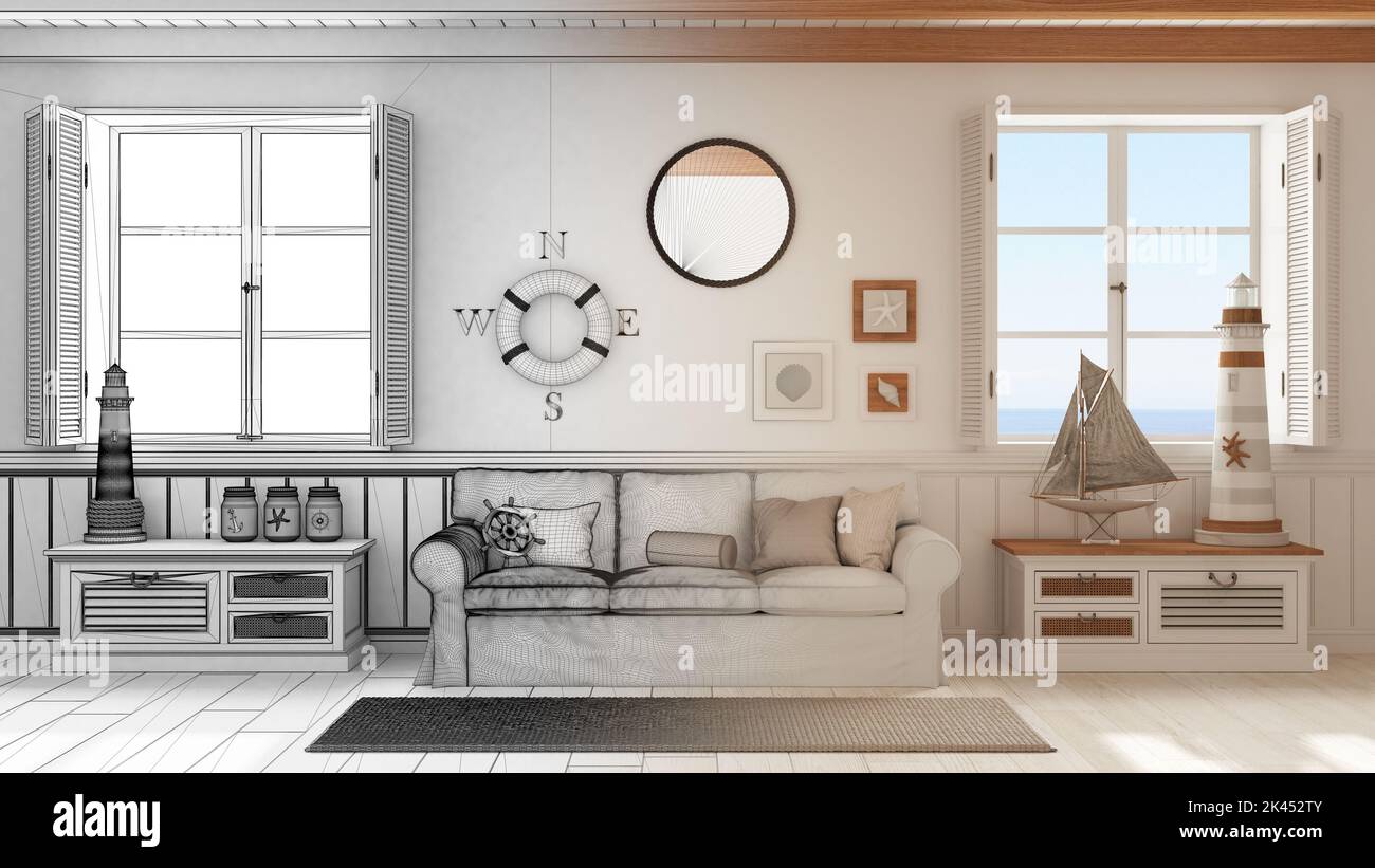 Architect interior designer concept: hand-drawn draft unfinished ...