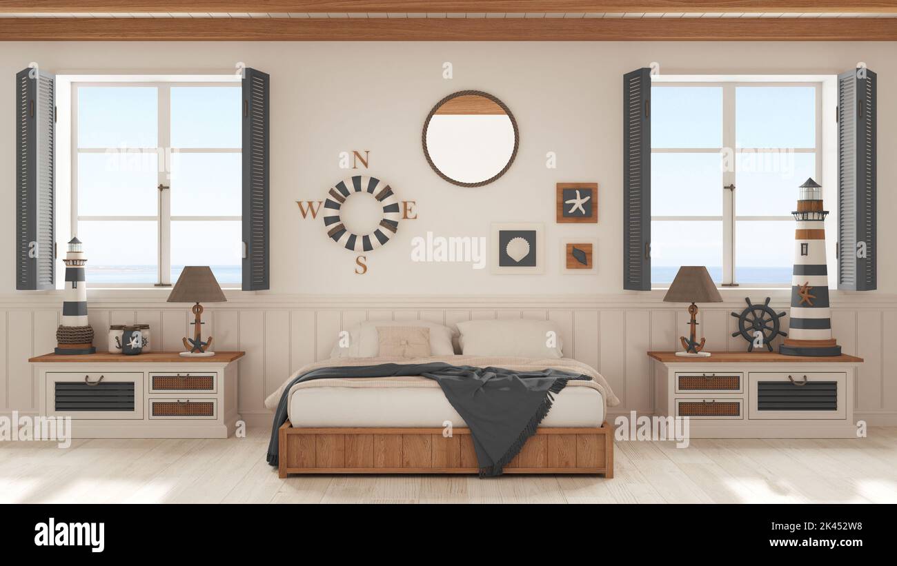 Marine style, bedroom with wooden bed and chest of drawers in white and ...
