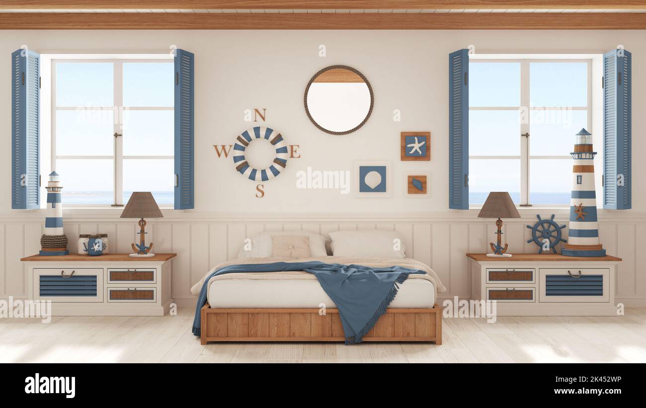 Marine style, bedroom with wooden bed and chest of drawers in white and ...