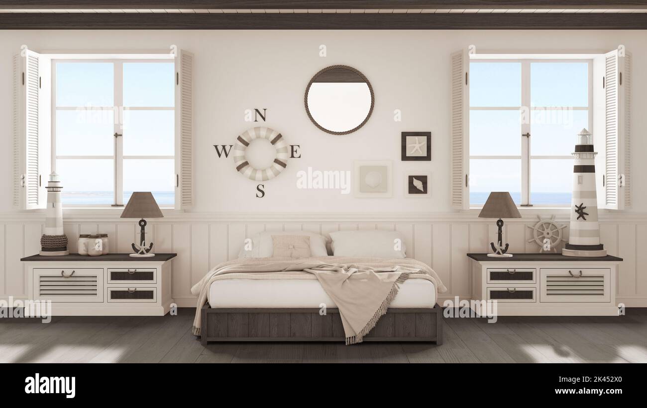 Marine style, bedroom with wooden bed and chest of drawers in white and ...