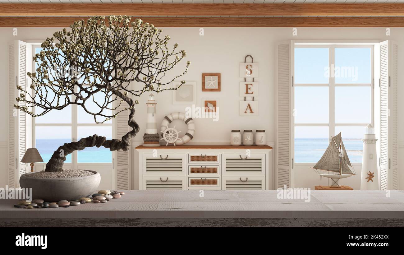 Vintage wooden table shelf with pebble and potted bloom bonsai, white ...