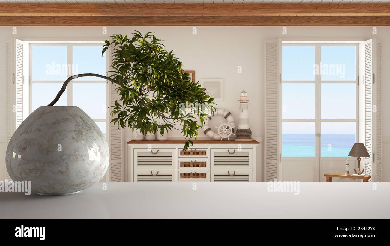 White mat table shelf with round marble vase and potted bonsai, green ...