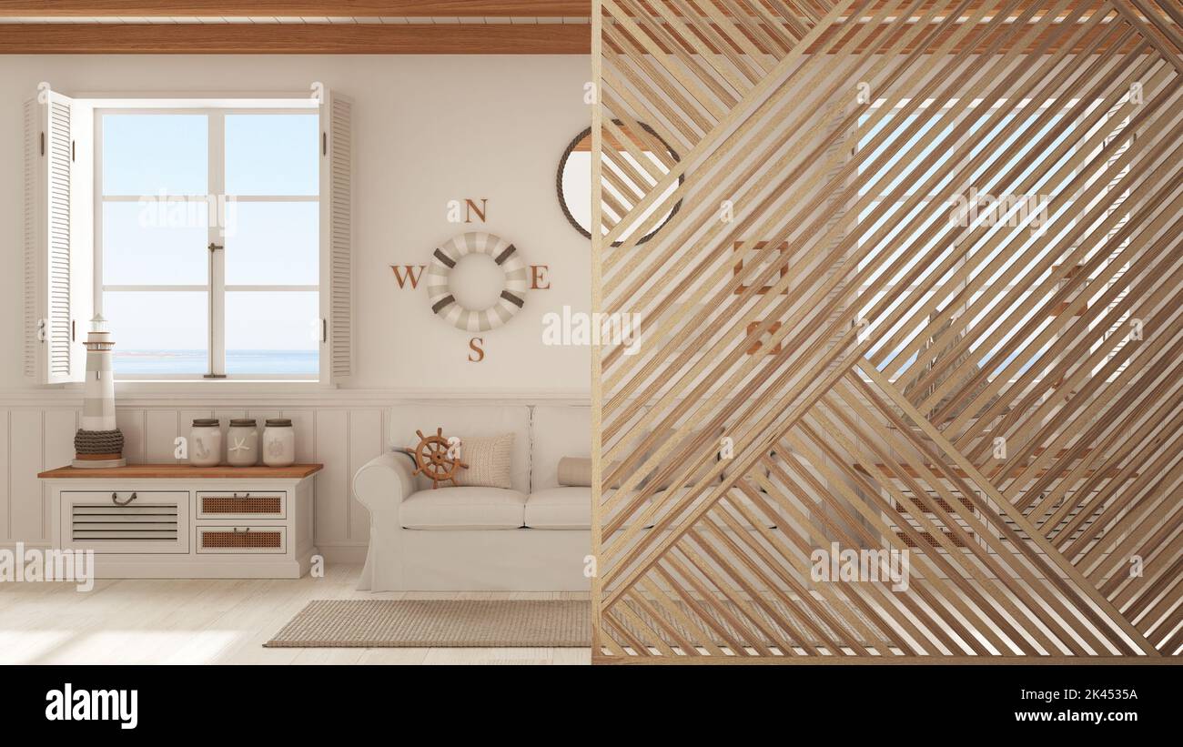 Wooden panel close-up, living room with chest of drawers in nautical ...