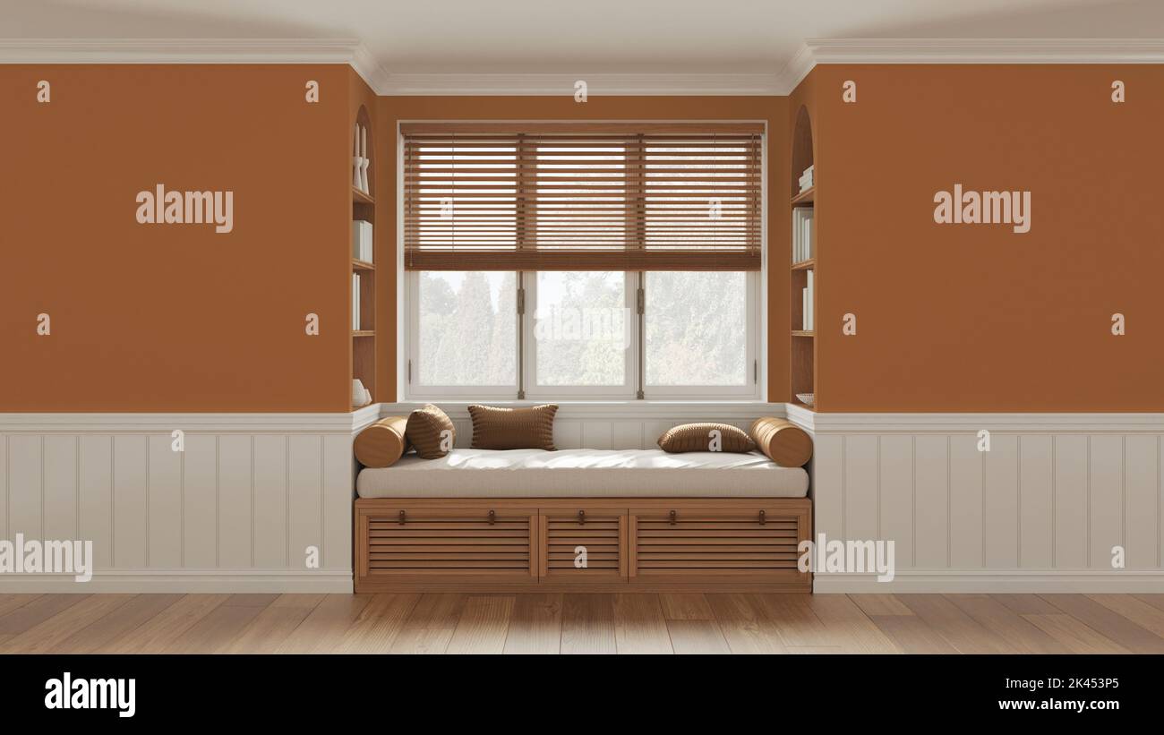Classic window with siting bench and pillows. Wooden venetian blinds ...