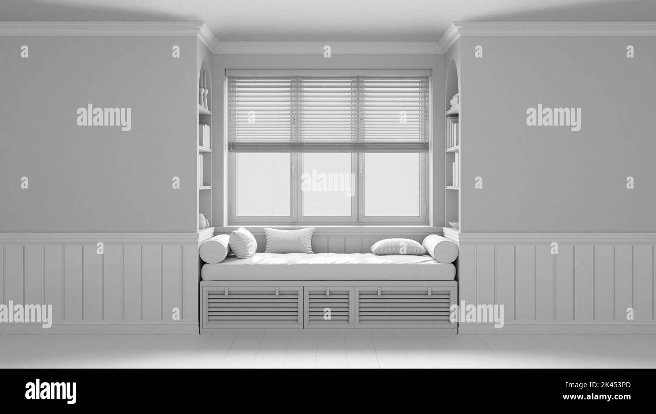 Total white project draft, classic window with siting bench and pillows ...