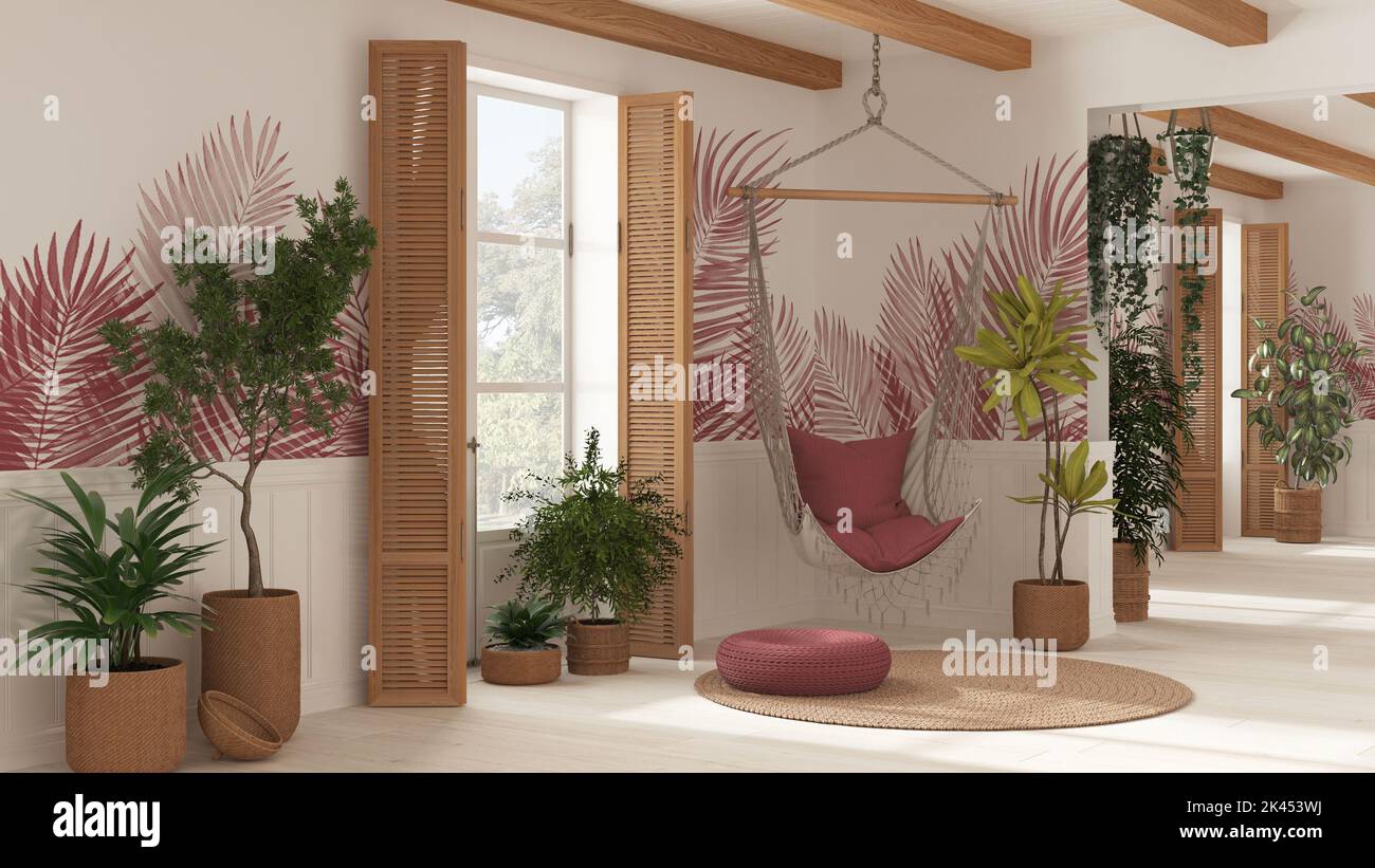 Wooden living room in Boho style, potted plants and lace hanging chair ...