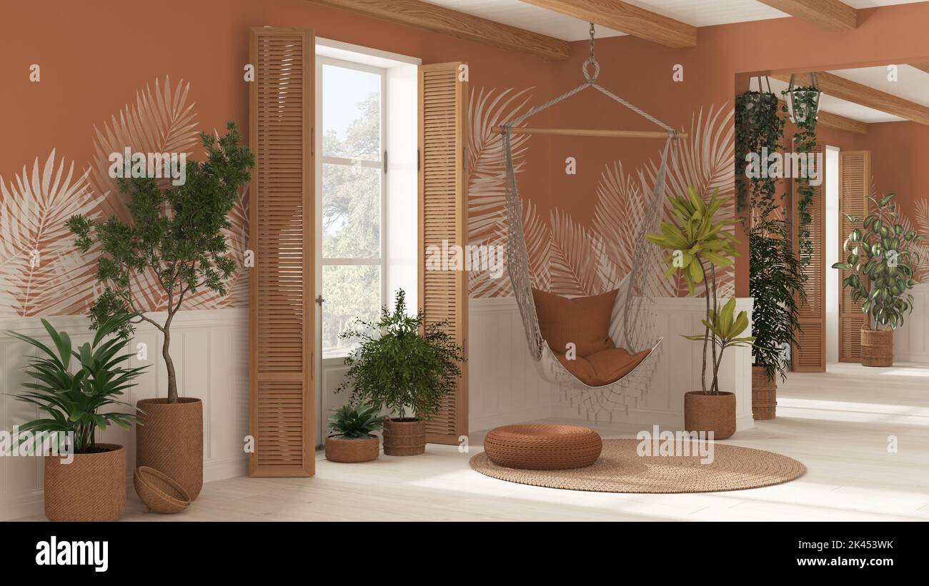Wooden living room in Boho style, potted plants and lace hanging chair ...