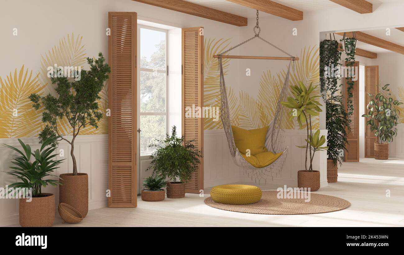 Wooden living room in Boho style, potted plants and lace hanging chair ...