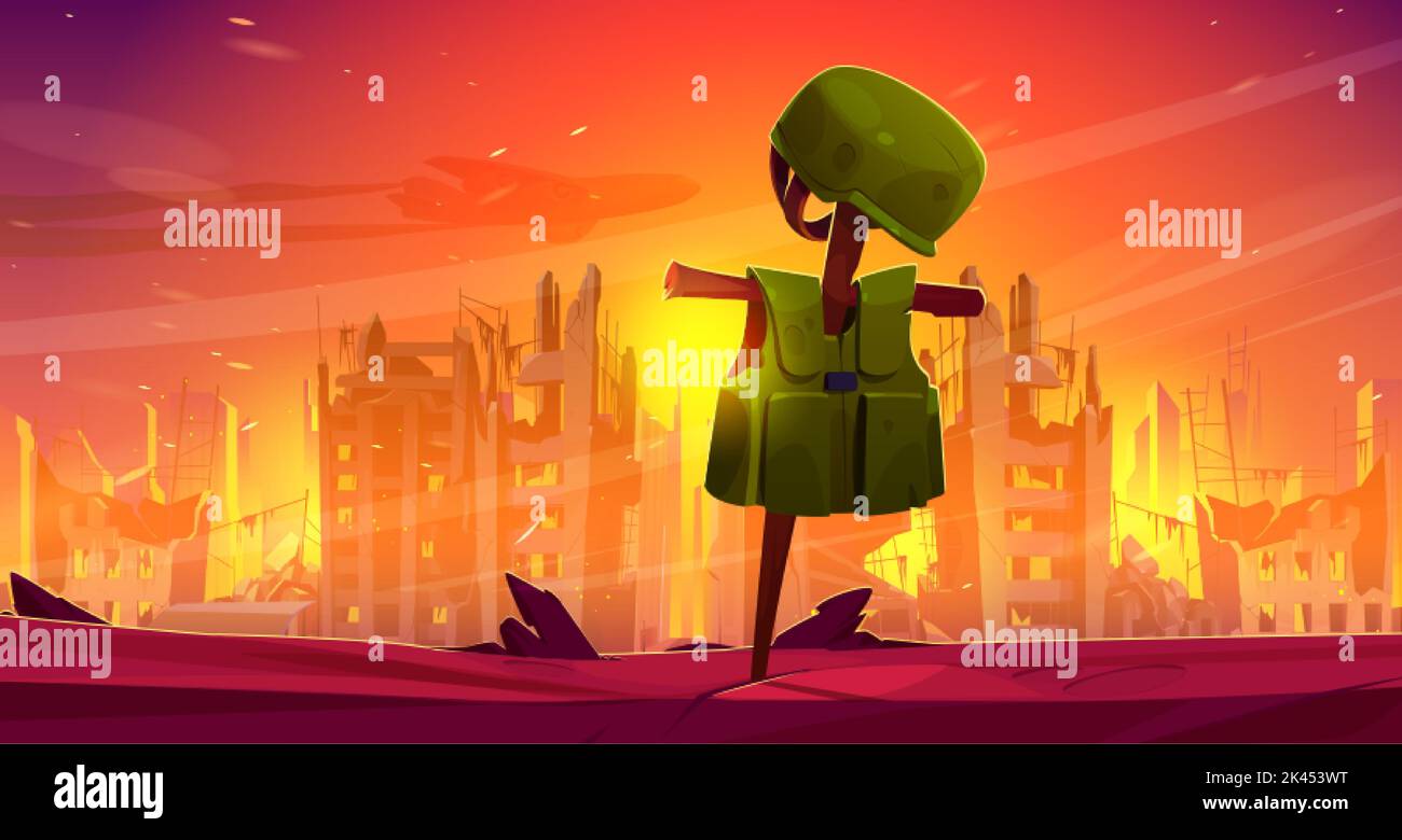 City in fire, war destroy, soldier ammunition hang on poles like a ...