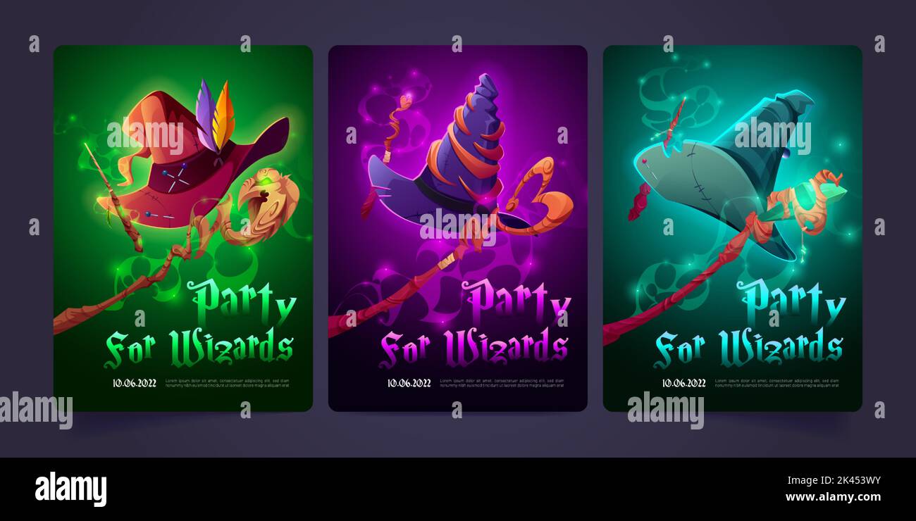 Party for wizards cartoon invitation flyers with witch hats, glowing ...