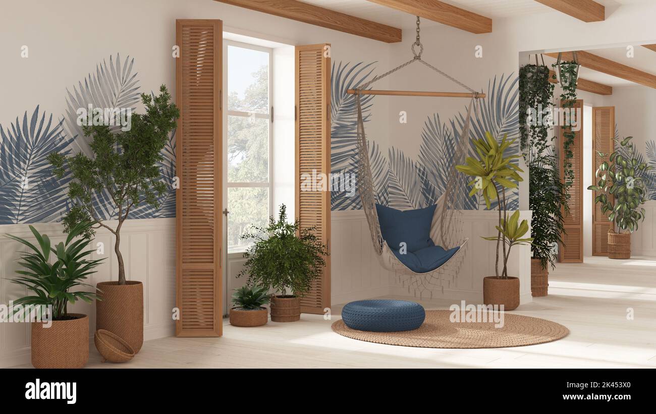 Wooden living room in Boho style, potted plants and lace hanging chair ...