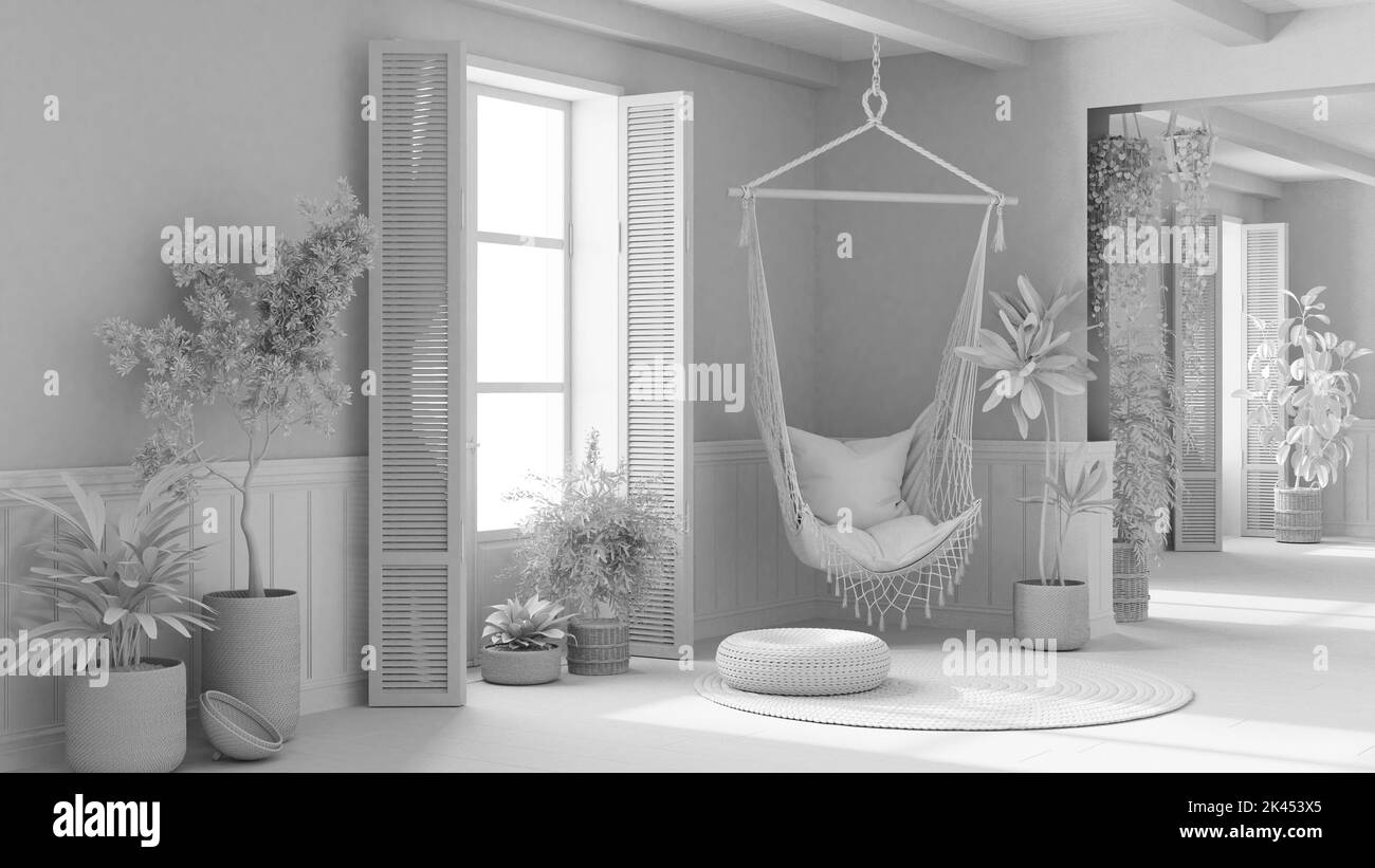 Total white project draft, living room in Boho style, rattan potted ...