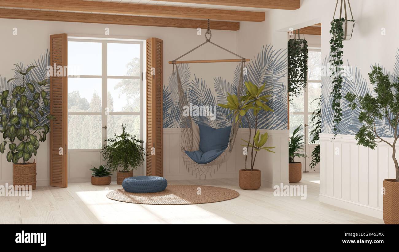 Farmhouse living room in Boho style, white and blue tones, potted ...