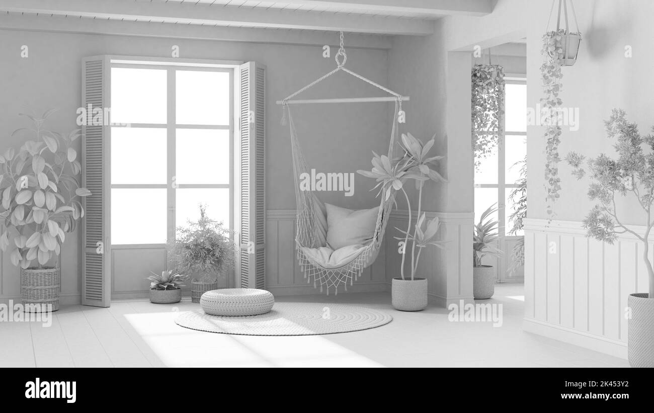 Total white project draft, farmhouse living room in Boho style, potted ...