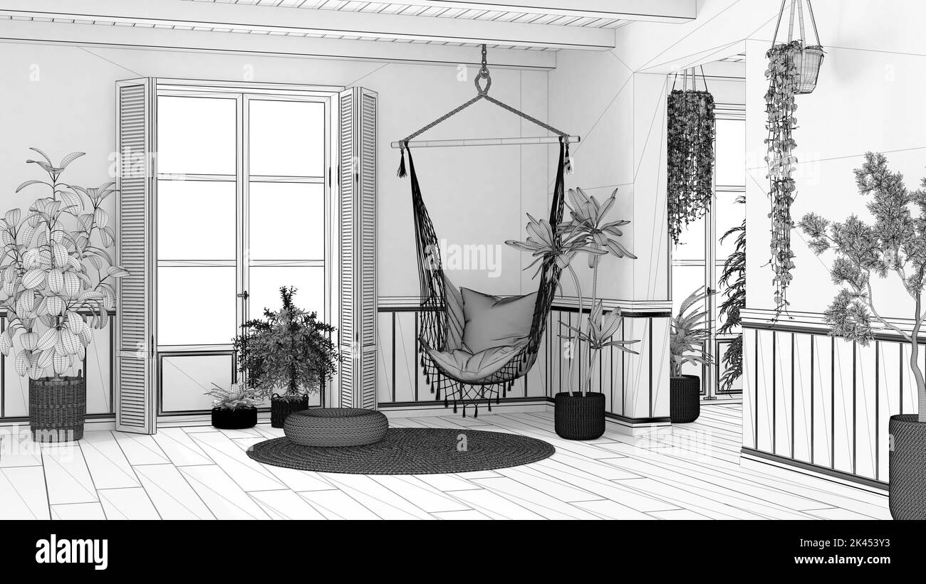 Blueprint unfinished project draft, farmhouse living room in Boho style ...