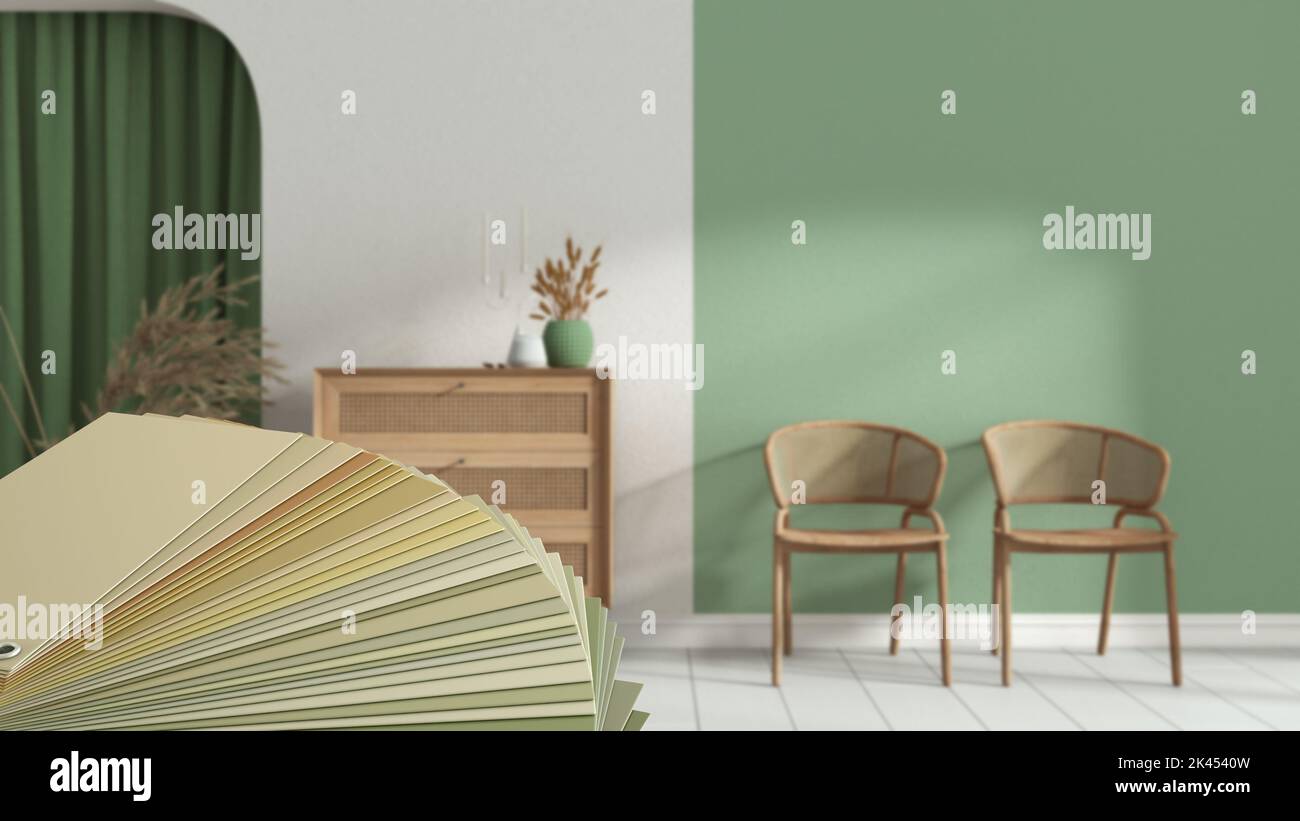 Color palette close up sample. Paint selection catalog over interior ...