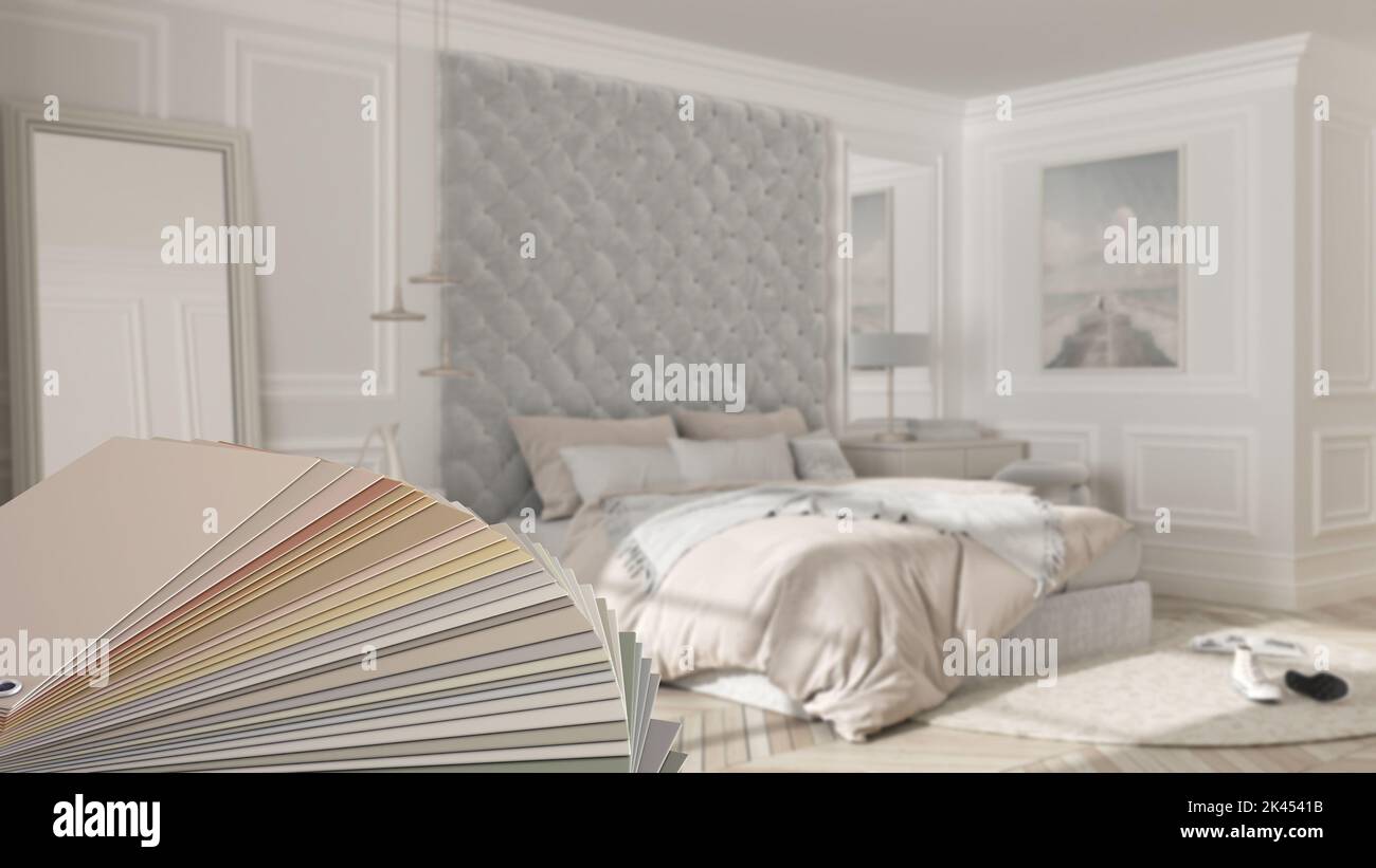 Color palette close up sample. Paint selection catalog over interior ...