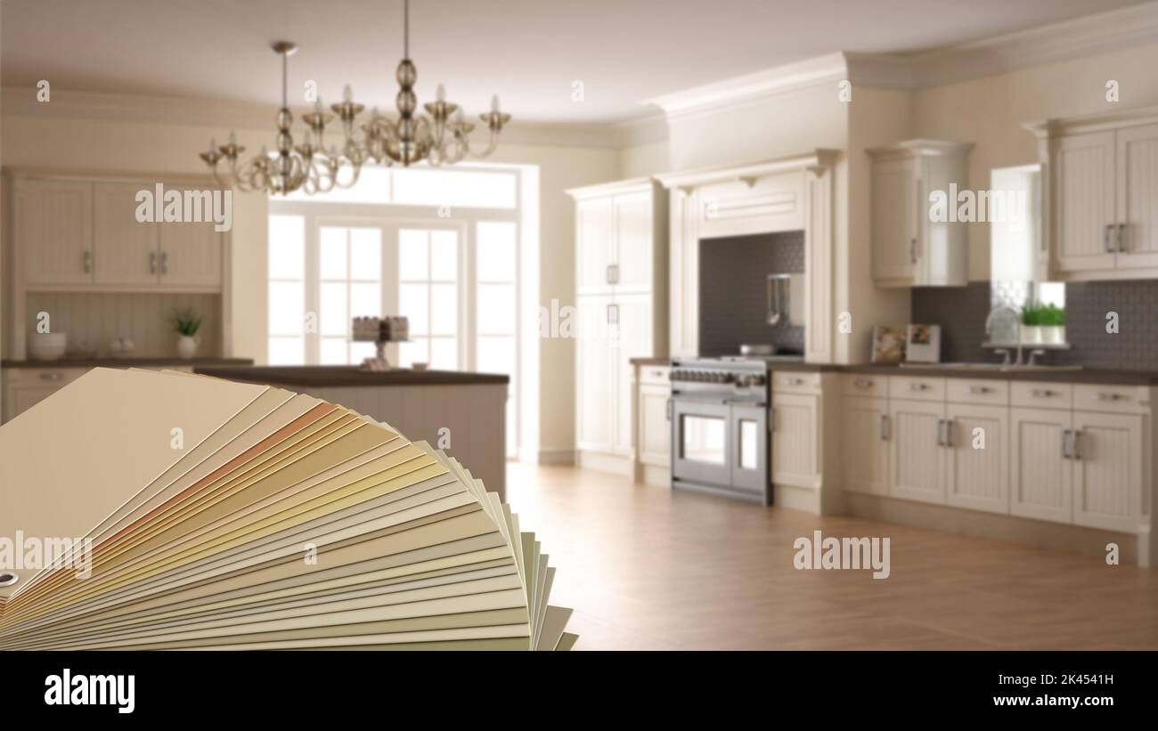 Color palette close up sample. Paint selection catalog over interior ...